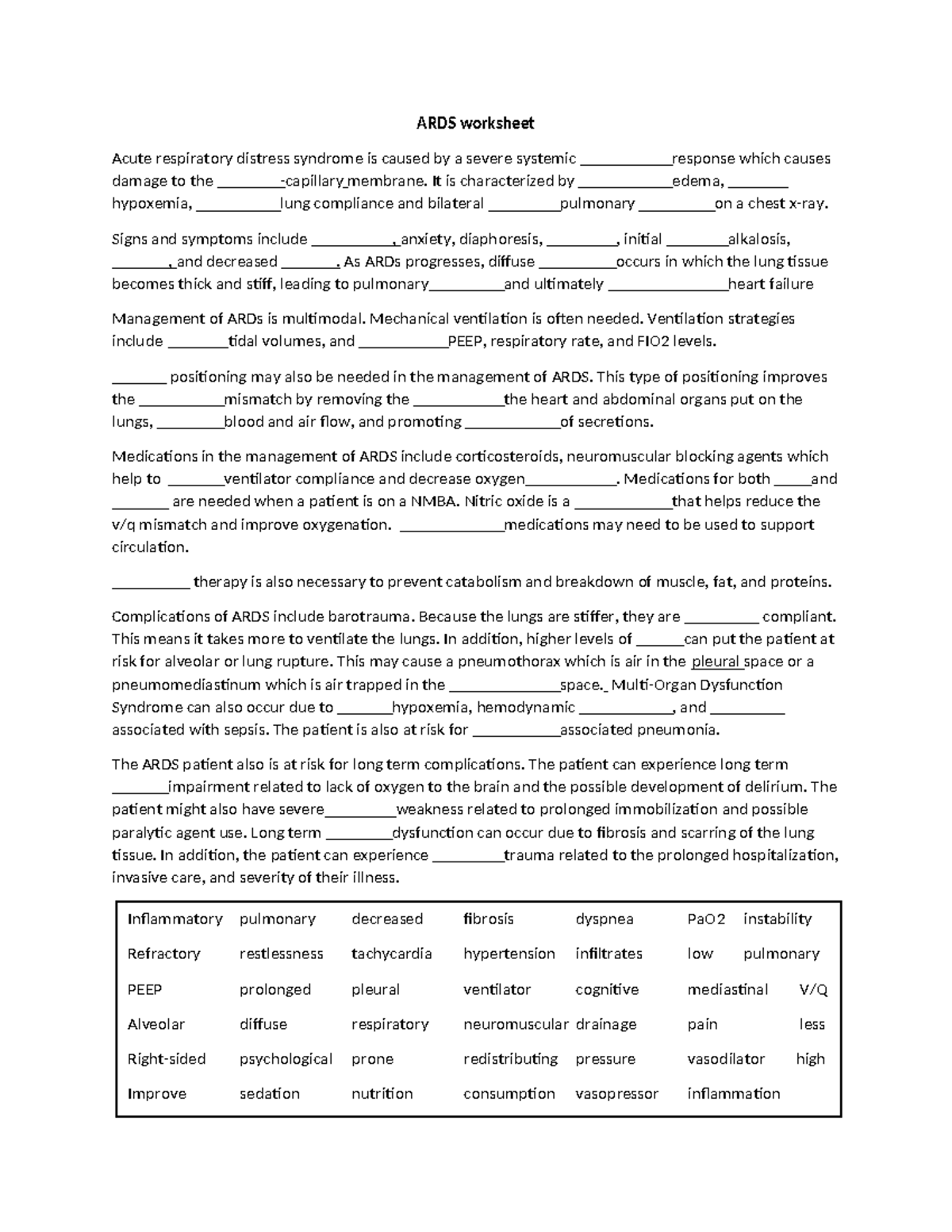 ARDS worksheet blank-1 - ARDS worksheet Acute respiratory distress ...