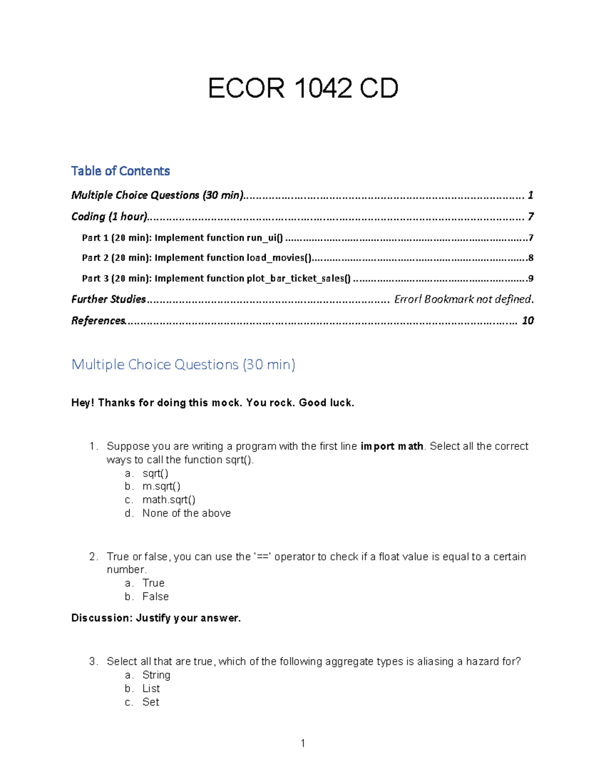ECOR1042 - Mock Final - ECOR 1042 CD Table of Contents Multiple Choice ...