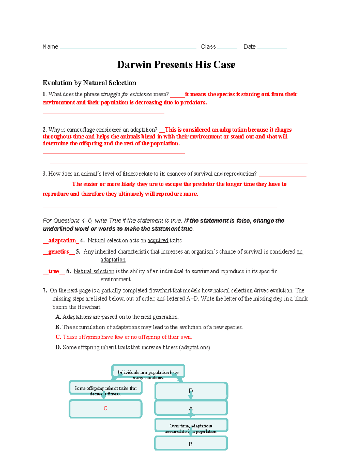 Darwin Presents His Case - Name Class Date Darwin Presents His Case ...