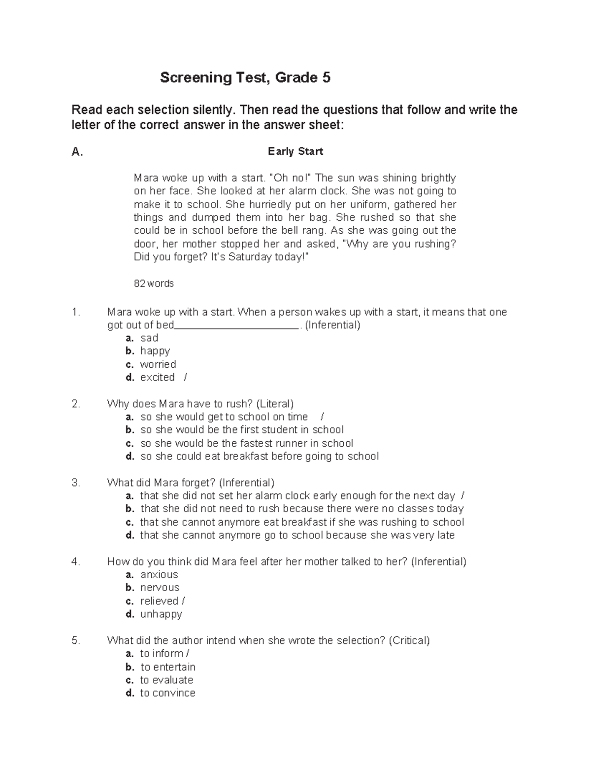 Grade 4 6 GST Passage English - Screening Test, Grade 5 Read each ...