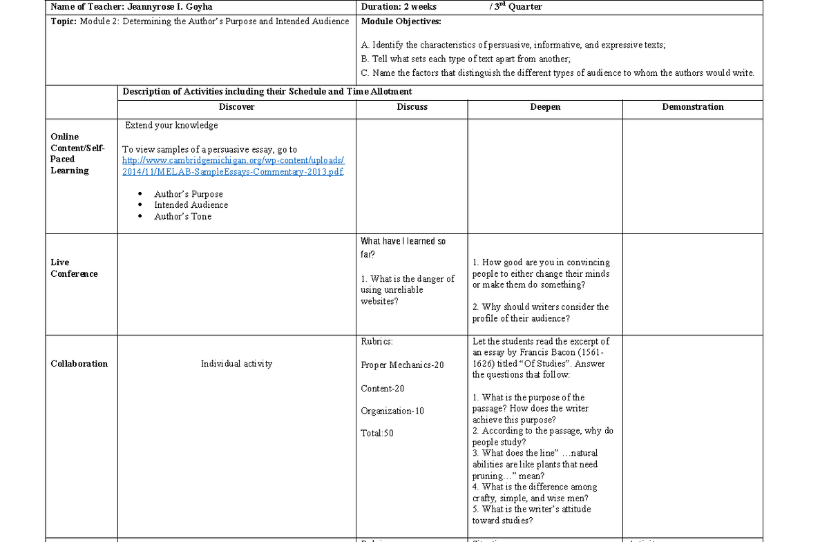 EAPP- Module-2 - MODULE - Name of Teacher: Jeannyrose I. Goyha Duration ...