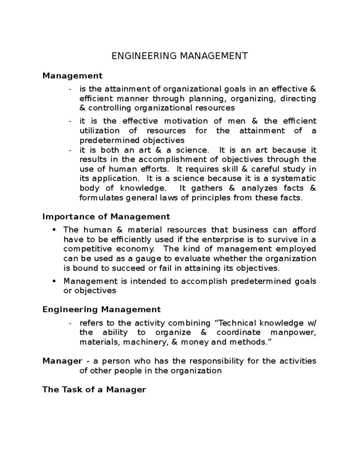 1sthandoutchapter 1and2 - ENGINEERING MANAGEMENT Management is the ...