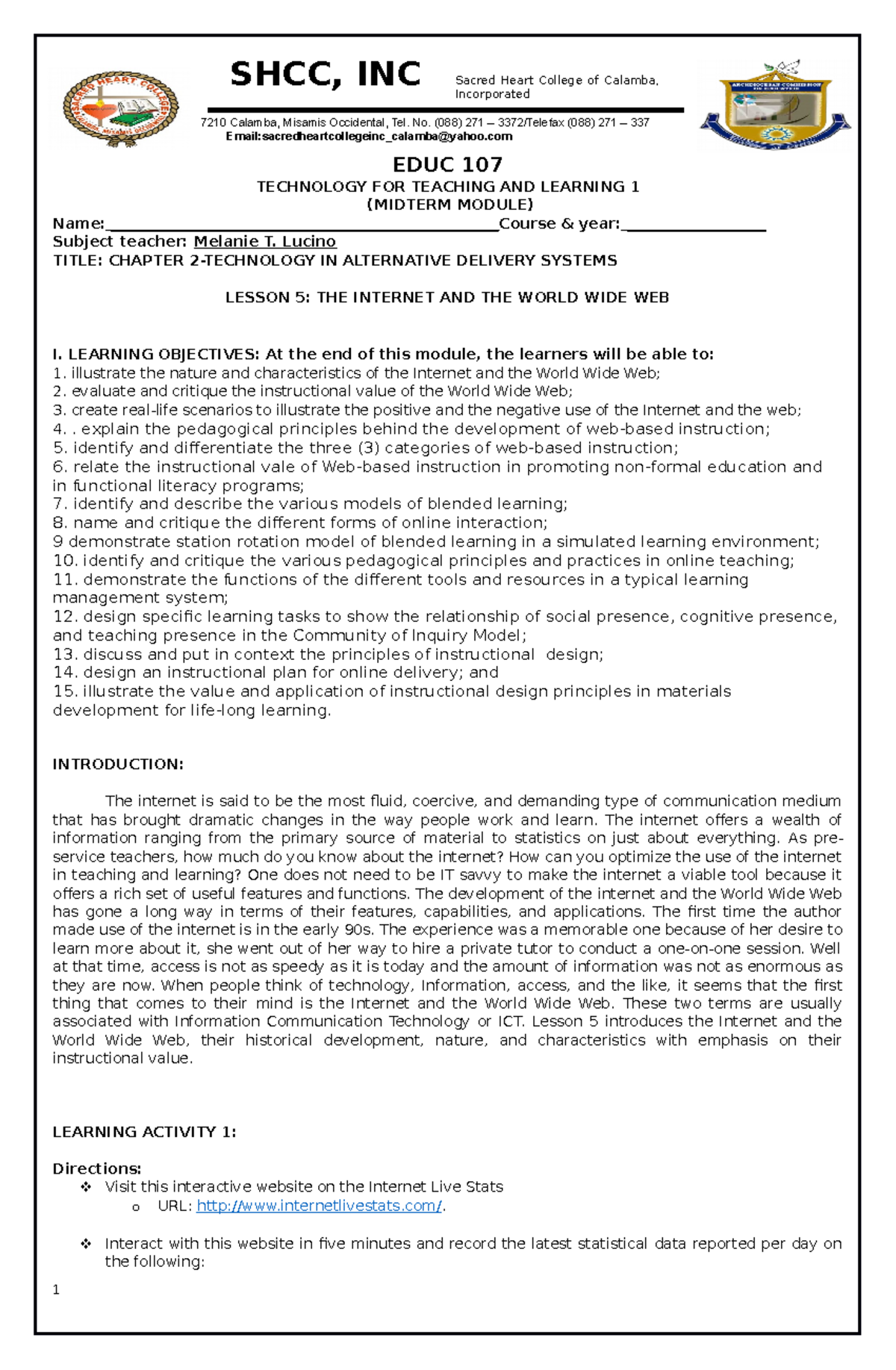 Module 2-EDUC 107- Technology FOR Teaching AND Learning 1 - EDUC 107 ...