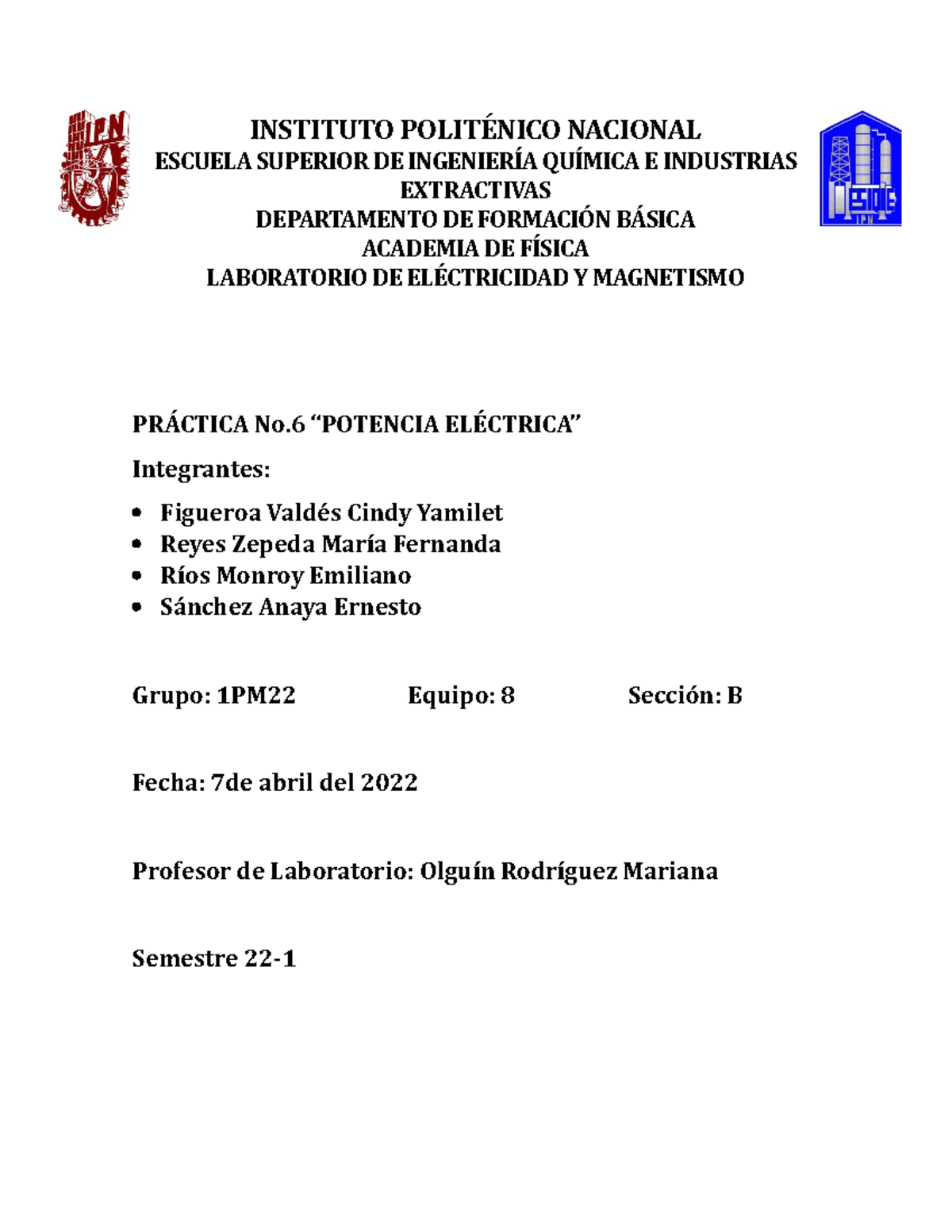 practica 6 electricidad y magnetismo - INSTITUTO POLITÉNICO NACIONAL ESCUELA SUPERIOR DE ...