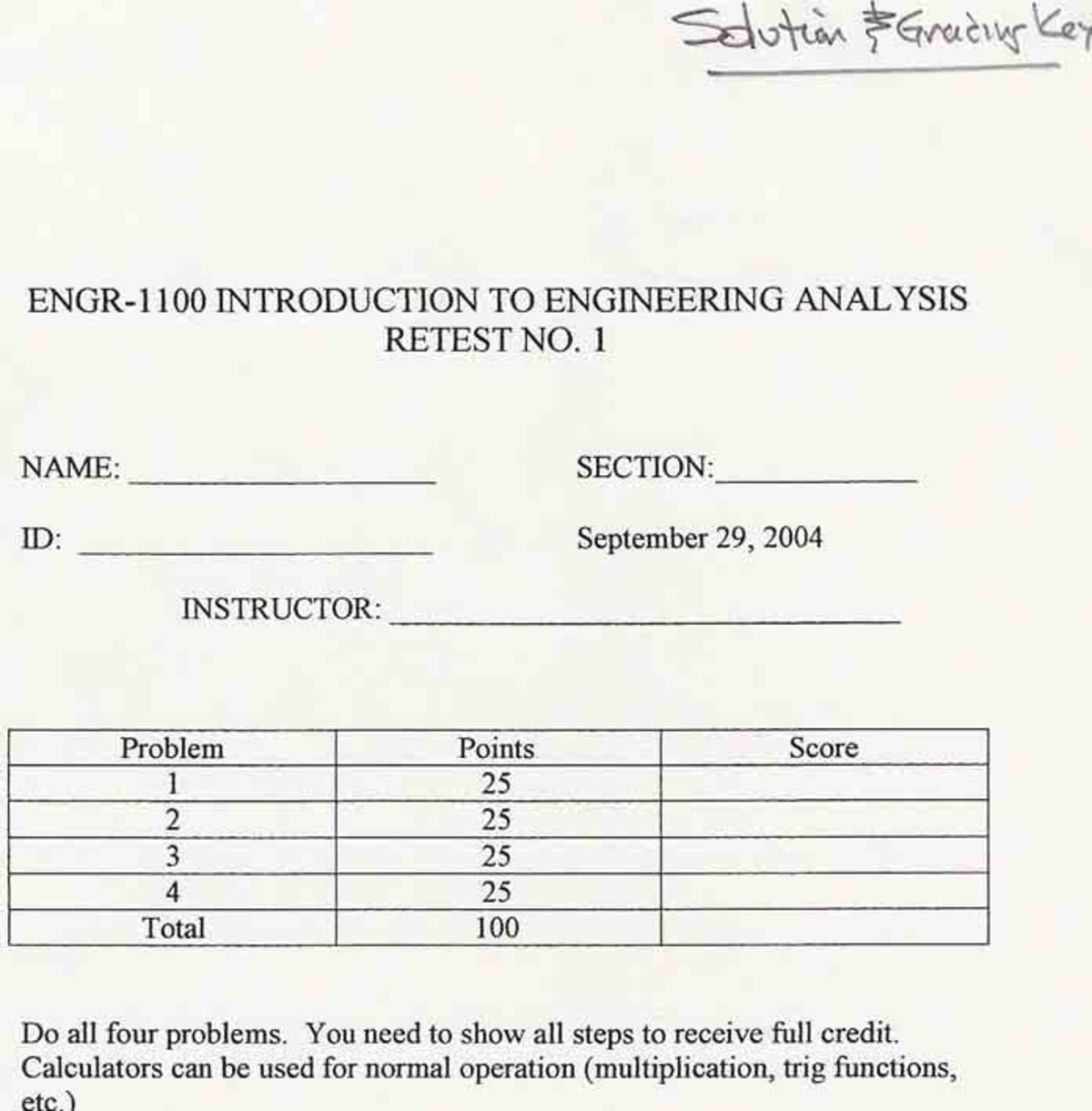 Engr1100examre 1fall04 - Solution the Grading Key INTRODUCTION TO ...