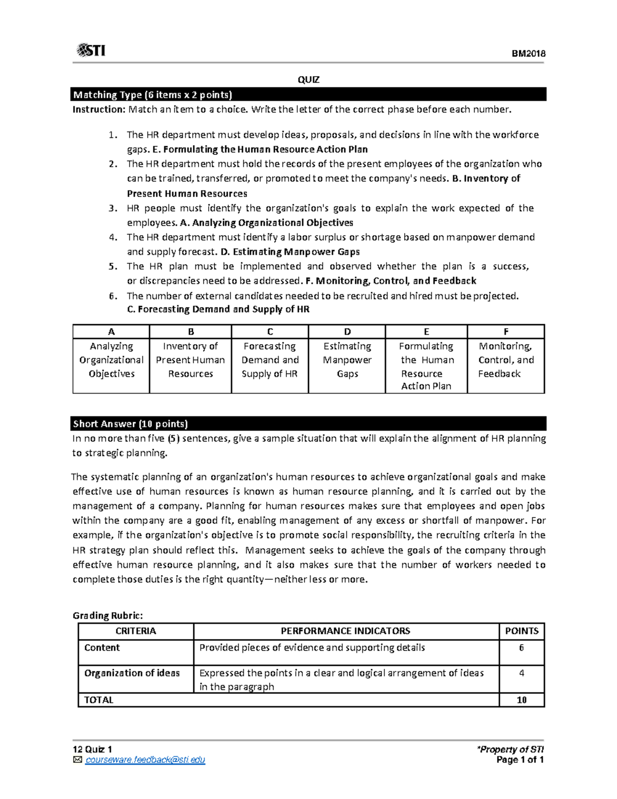 12 Quiz 1 - STI - BM QUIZ Matching Type (6 items x 2 points ...