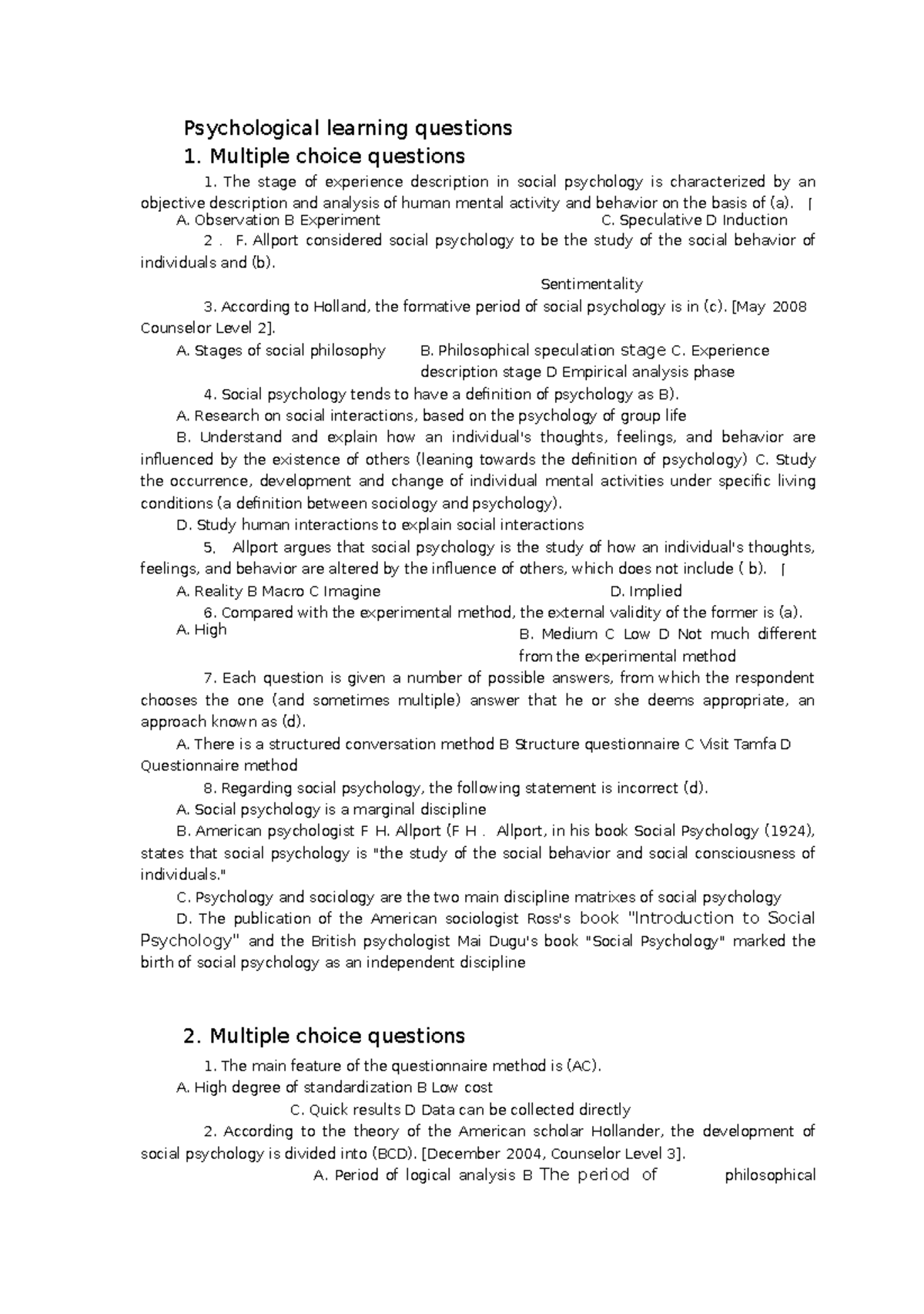 Psychological learning questions - Multiple choice questions The stage ...