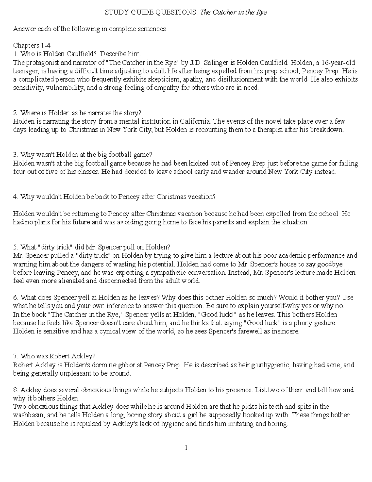 Julia Sales - Catcher 1-12 Review Sheet - STUDY GUIDE QUESTIONS: The ...