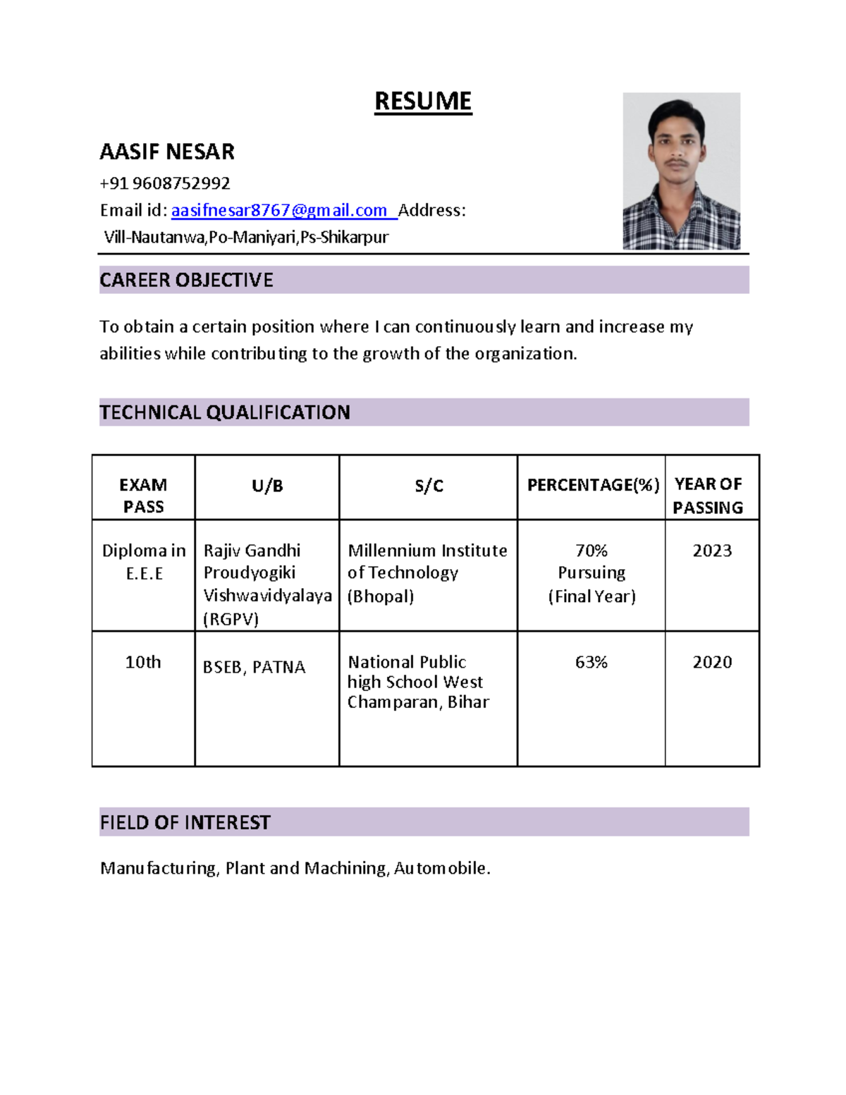 Aasif Resume - RESUME AASIF NESAR +91 9608752992 Email id: aasifnesar8767@gmail Address: - Studocu