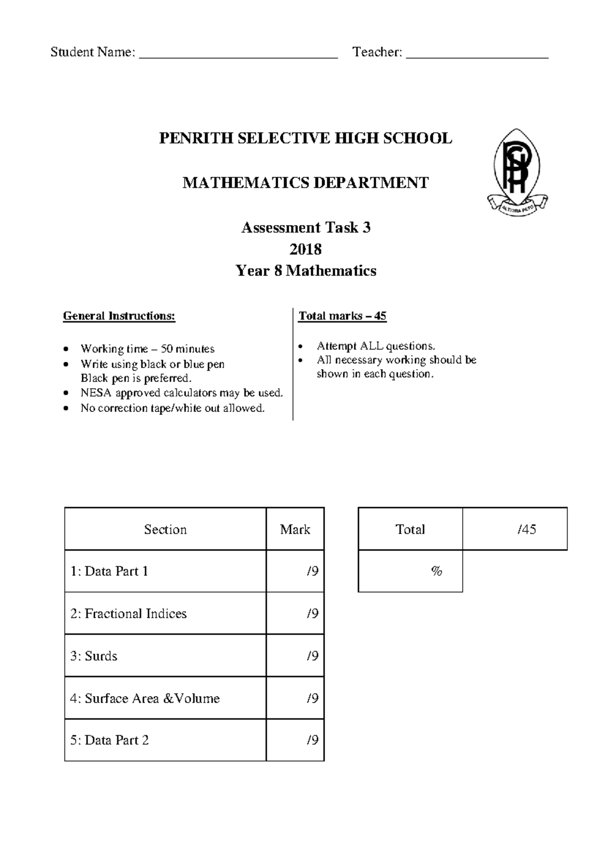 2018 Year 8 Assessment Task 3 - Student Name: ____________________________ Teacher: - Studocu