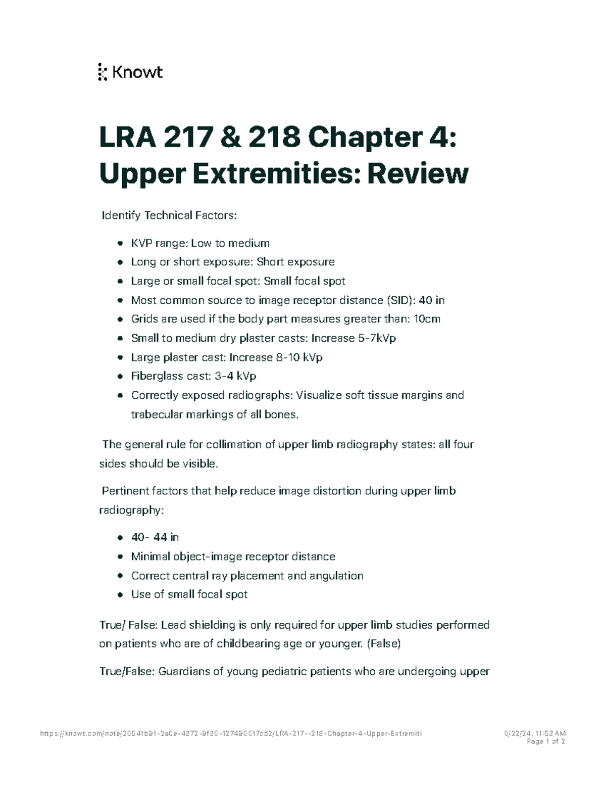 LRA 217 & 218 Chapter 4- Upper Extremities- Review Notes Knowt - LRA ...