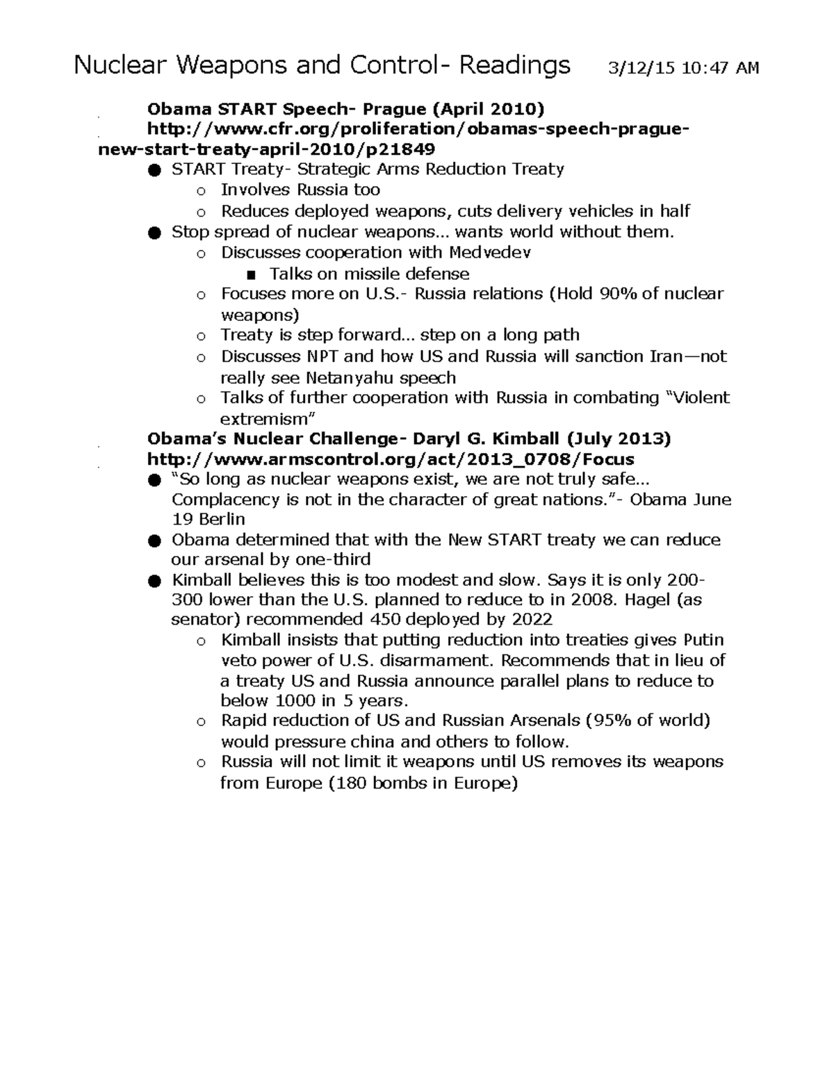 PSCI 131 notes - Nuclear Weapons and Control- Readings 3/12/15 10:47 AM ...