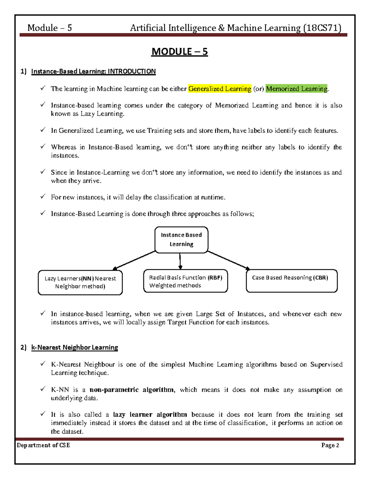 Module-5 Lecture-Notes AIML Come plete - Instance Based Learning Lazy ...