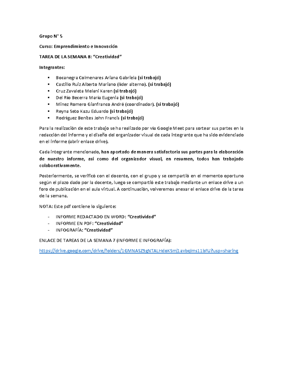 Grupo N° 5-LINK DE Tareas Semana 8 - Grupo N° 5 Curso: Emprendimiento e ... Grupo N° 5-LINK DE Tareas Semana 8 - Grupo N° 5 Curso: Emprendimiento e ...