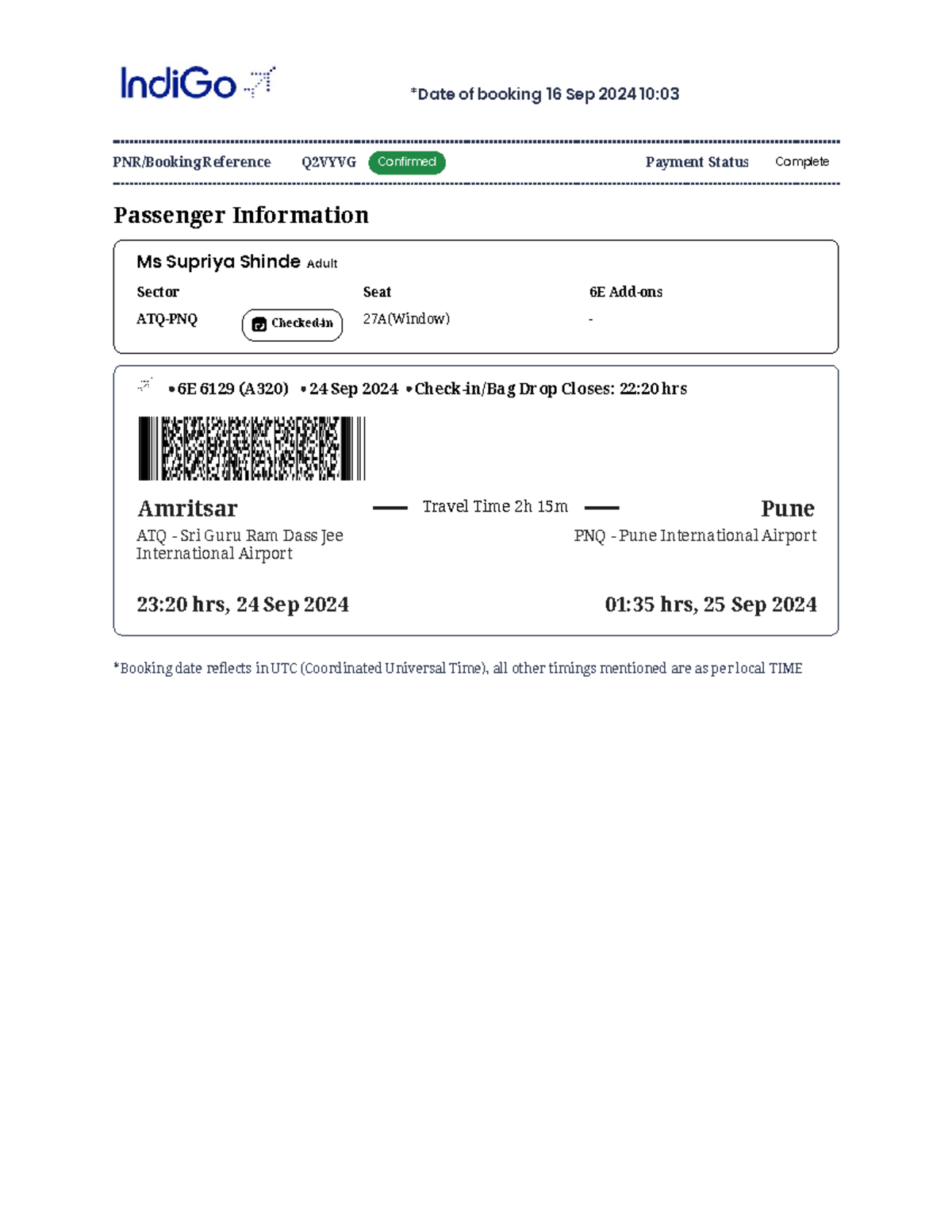 Itinerary - Ggggggggggg - PNR/Booking Reference Q2VYVG Confirmed ...