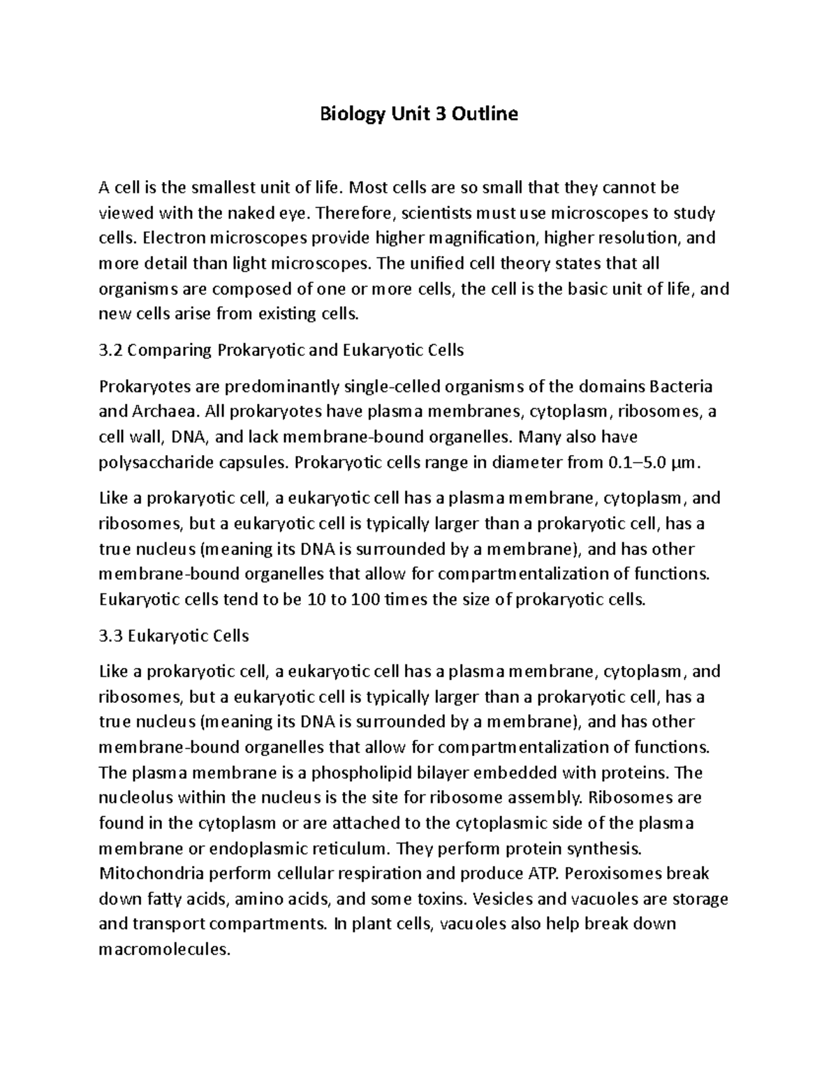 Biology Unit 3 Outline - Biology Unit 3 Outline A cell is the smallest ...