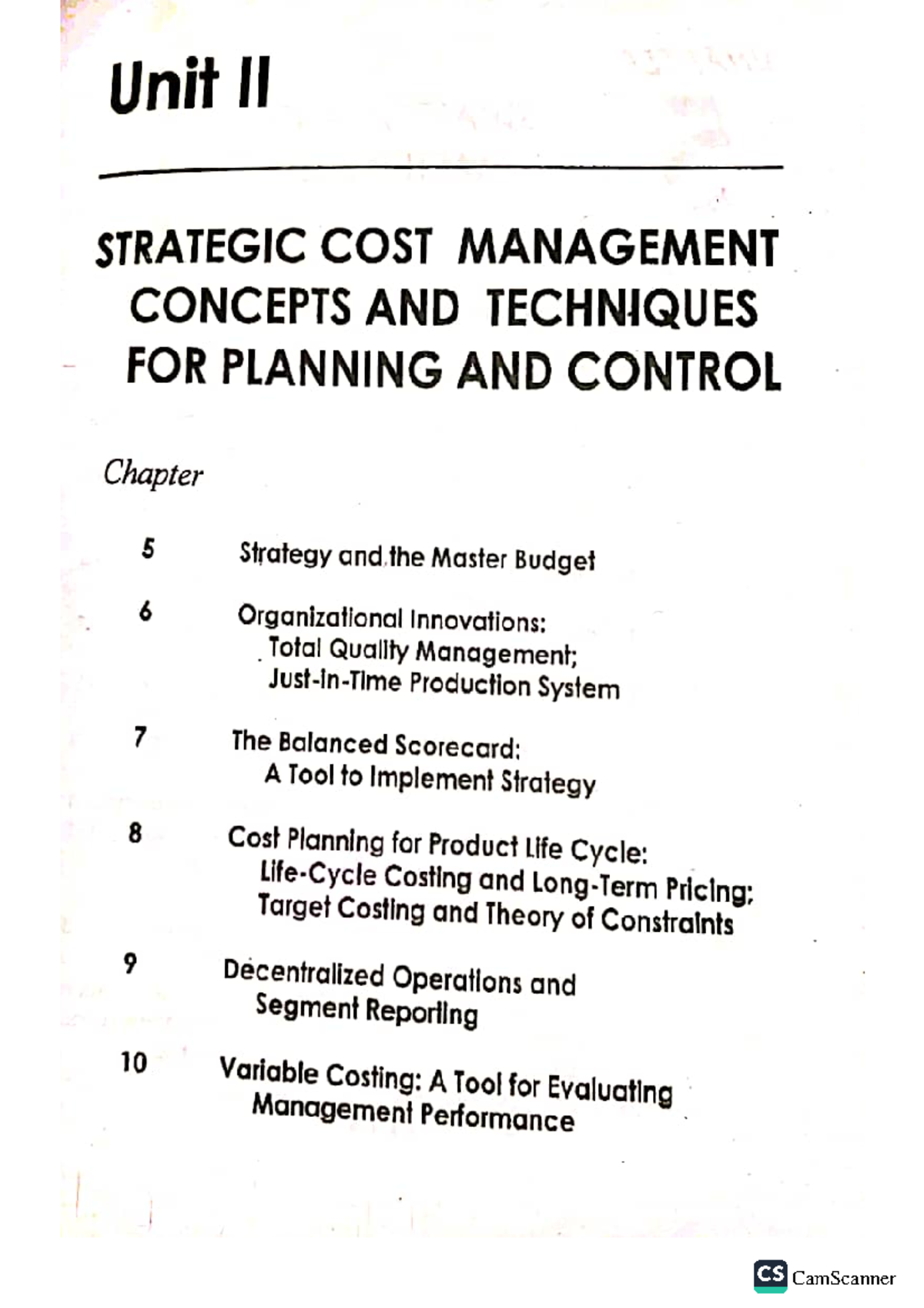 Chapter 5 - Strategic Cost Management - Unit II STRATEGIC COST MANAGEMENT CONCEPTS AND ...