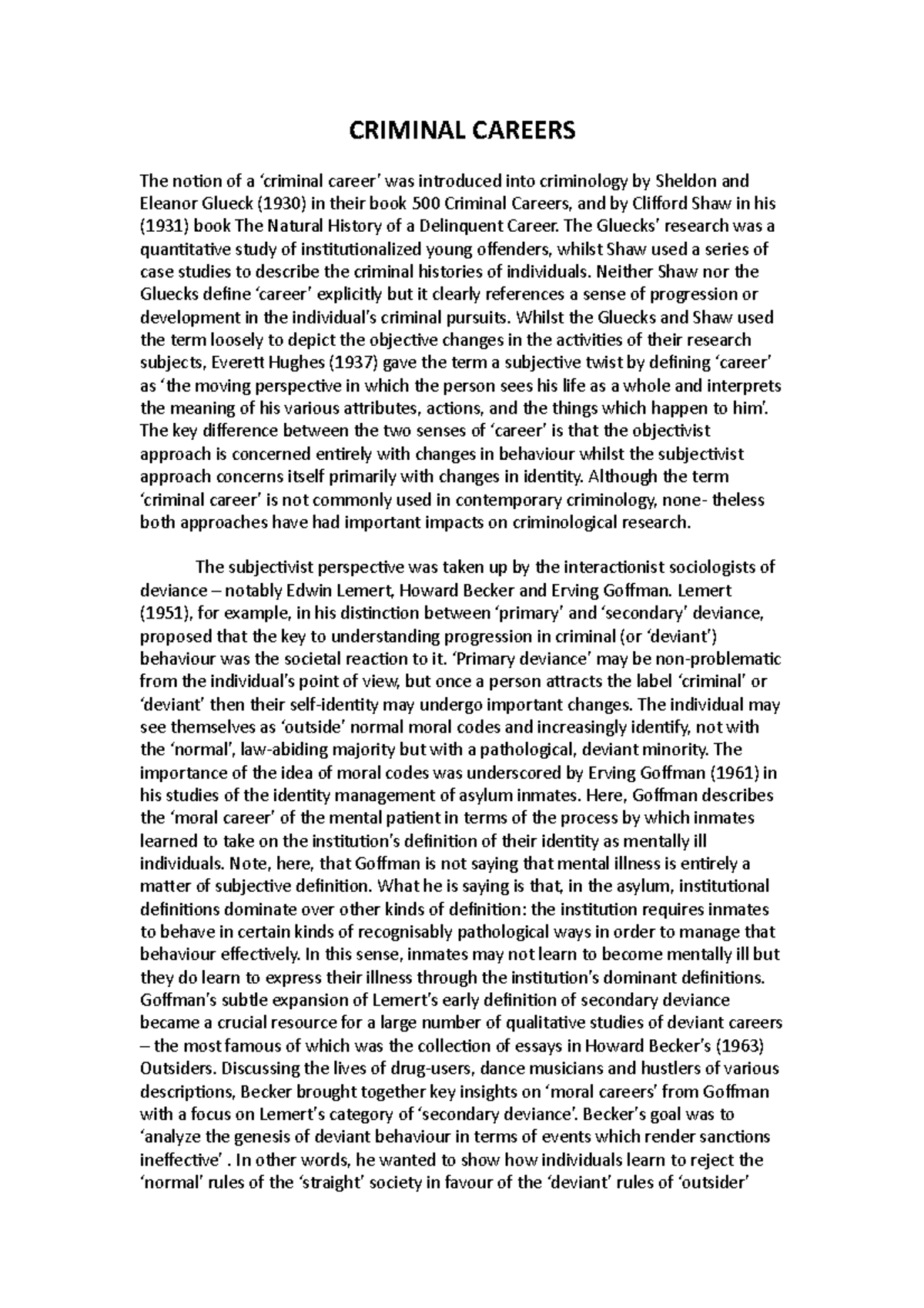 Criminal Careers - Key Concept - CRIMINAL CAREERS The notion of a ...