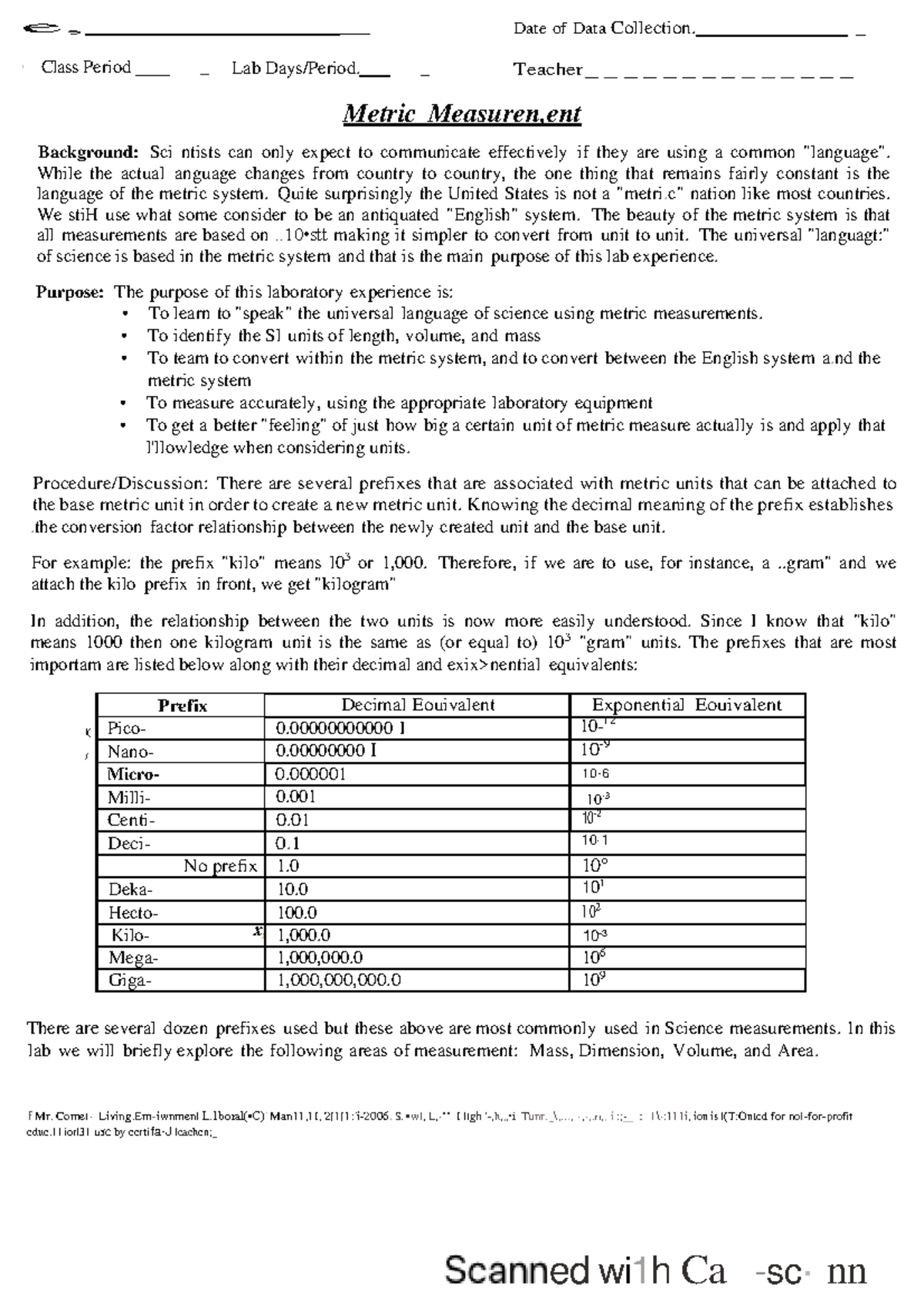 Chem measurement - e, _ Class Period _ Lab Days/Period. _ Date of Data ...