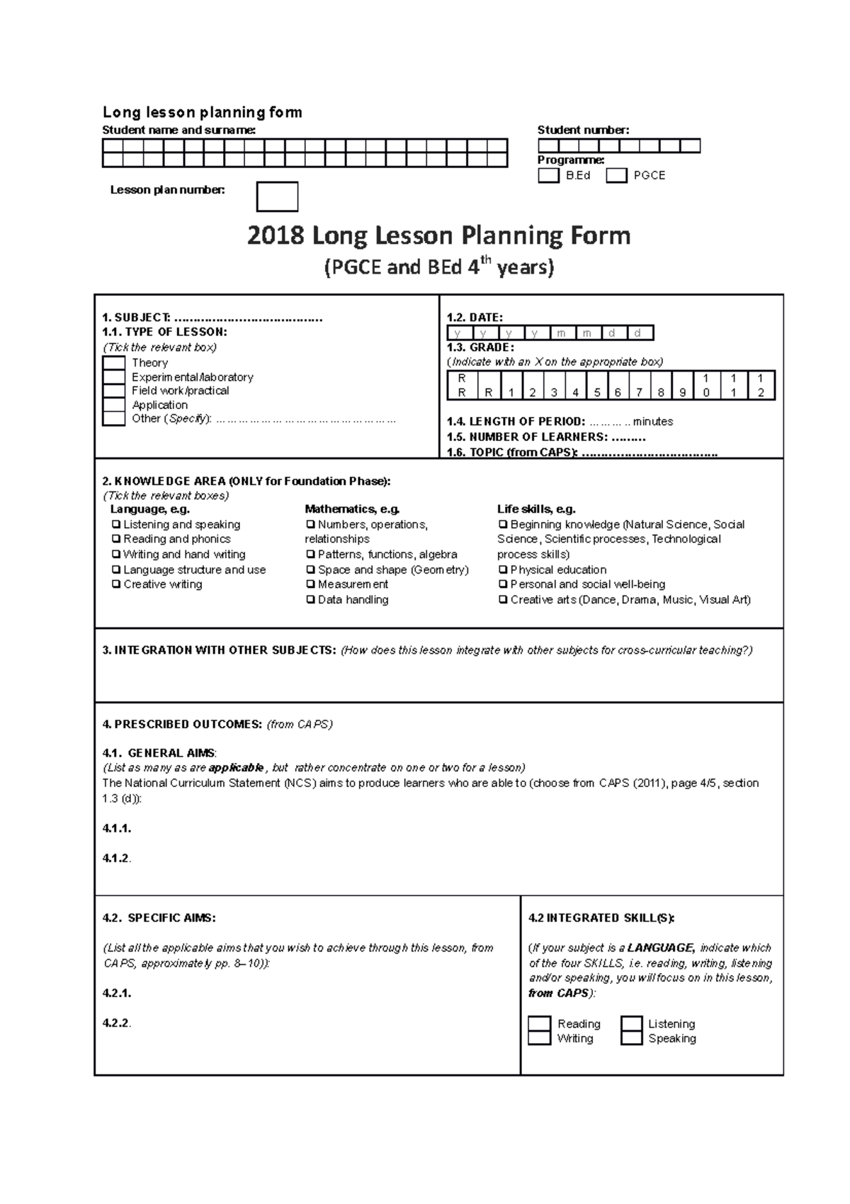 2018 TUKS Long Lesson planning form 4th years and PGCE - Long lesson ...