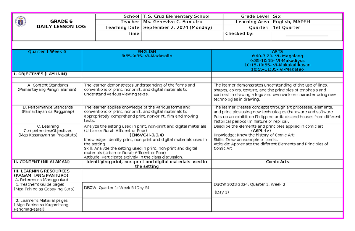 DLL Quarter 1- WEEK 6 - dll - GRADE 6 DAILY LESSON LOG School T. Cruz ...