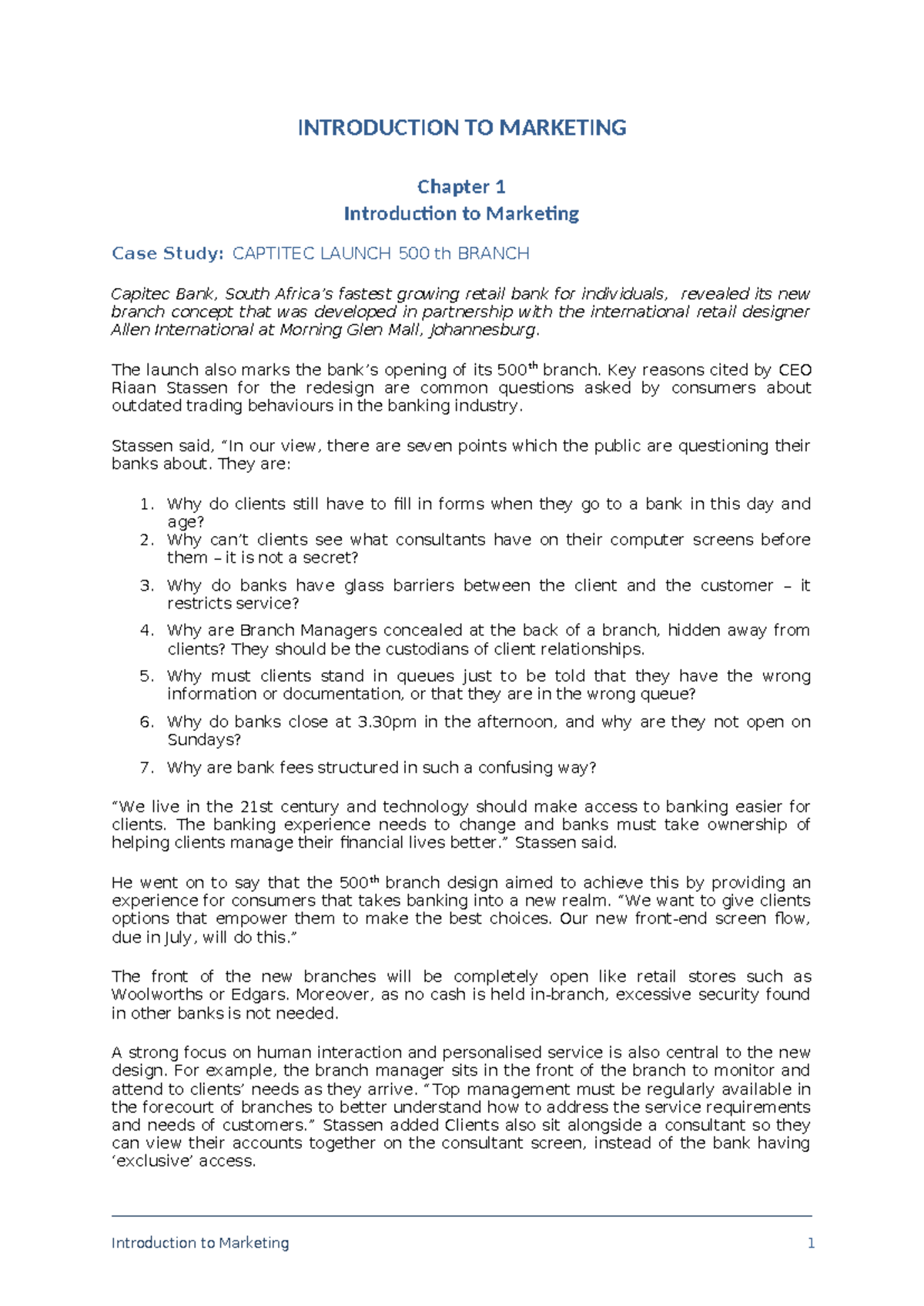 MCQ Intro to Marketing Chapter 1 Jooste - INTRODUCTION TO MARKETING ...