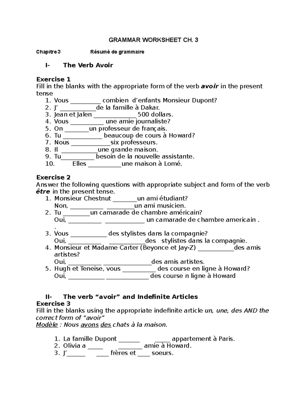 Chap3 Grammar Test - French - GRAMMAR WORKSHEET CH. 3 Chapitre 3 Résumé ...