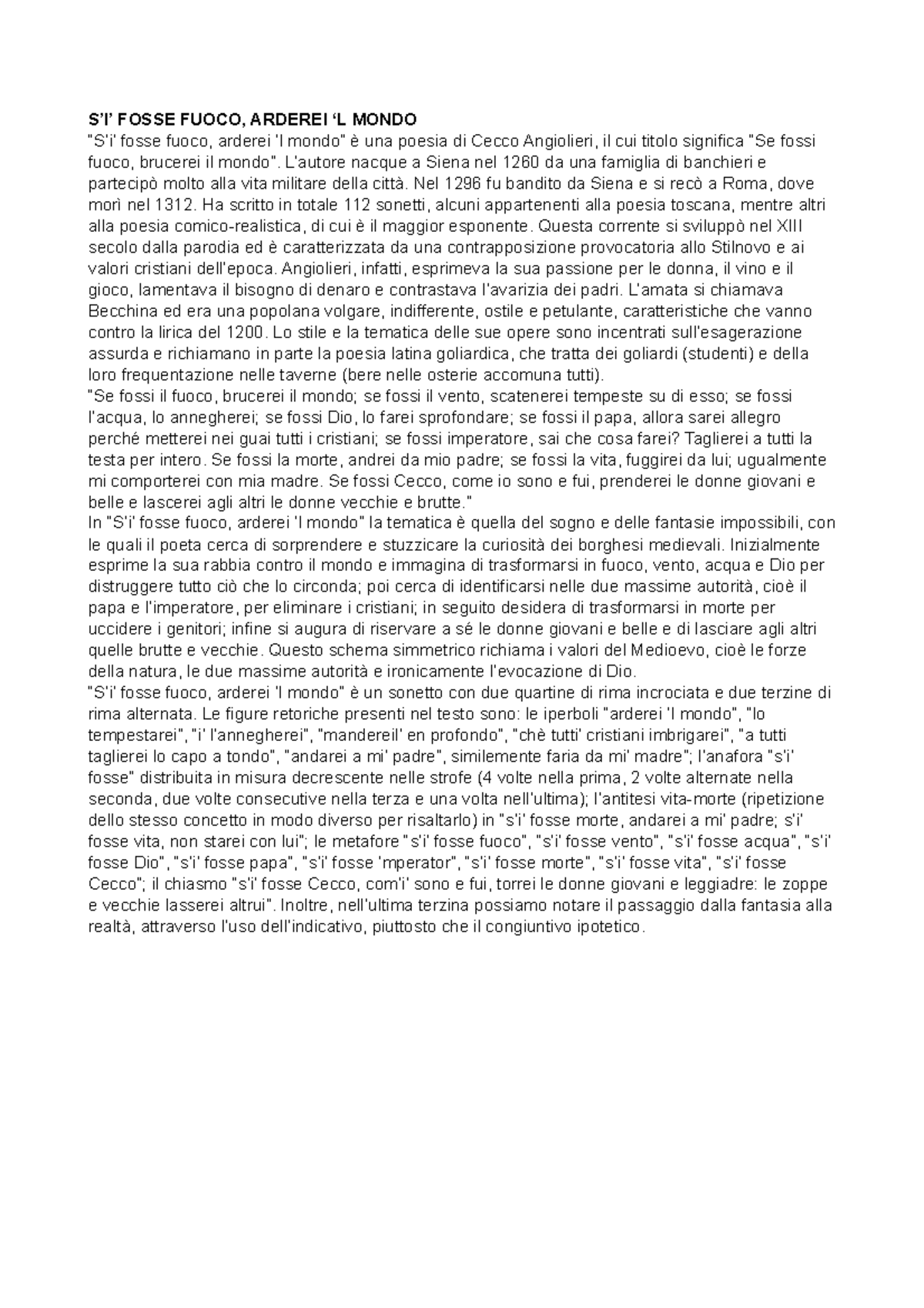 Analisi Si fossi fuoco arderei il mondo di Cecco Angiolieri - S’I ...