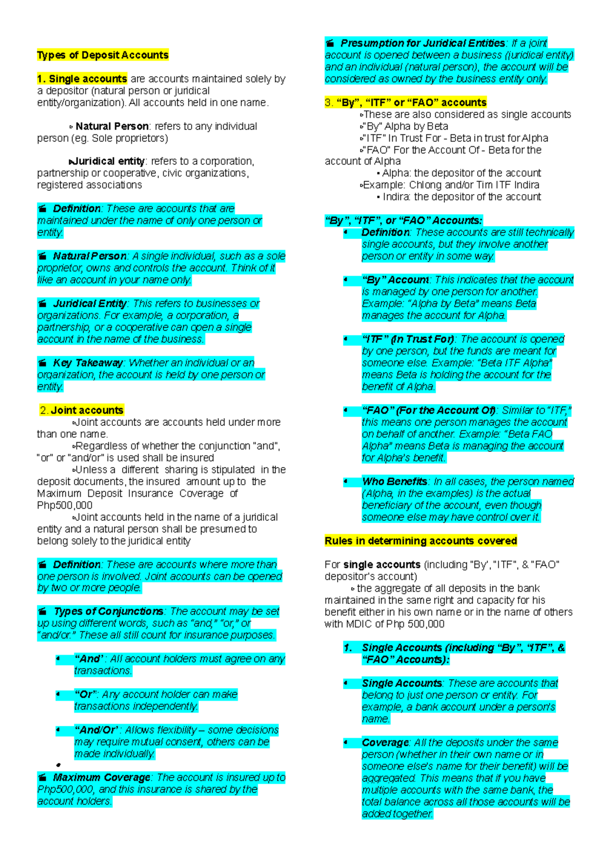 PDIC-LAW - Reviewer - Types of Deposit Accounts Single accounts are ...
