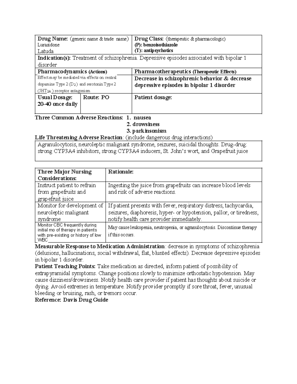 Lurasidone 2 - Meds - Drug Name: (generic name & trade name) Lurasidone ...