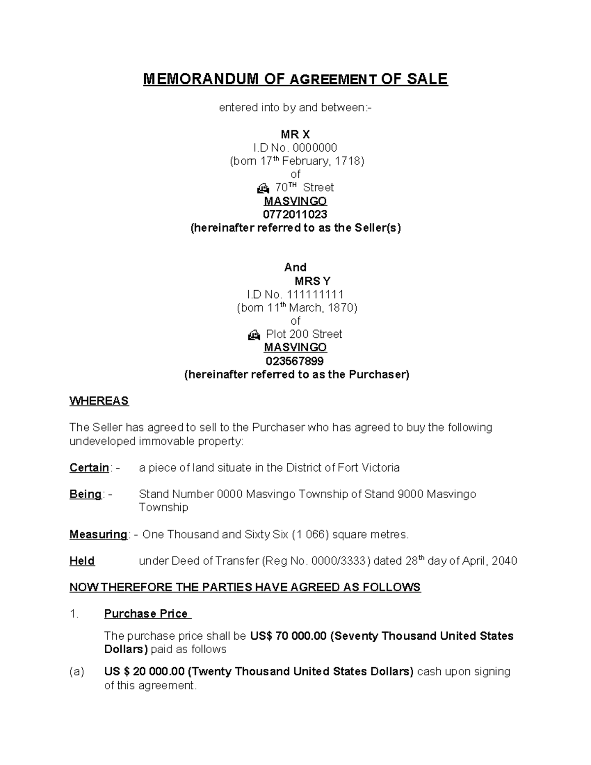 GZU Memorandum OF Agreement OF SALE Precedent - MEMORANDUM OF AGREEMENT ...