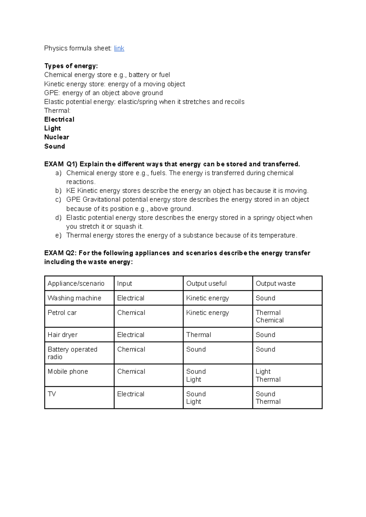 AQA P1 - noiooo - Physics formula sheet: link Types of energy: Chemical ...