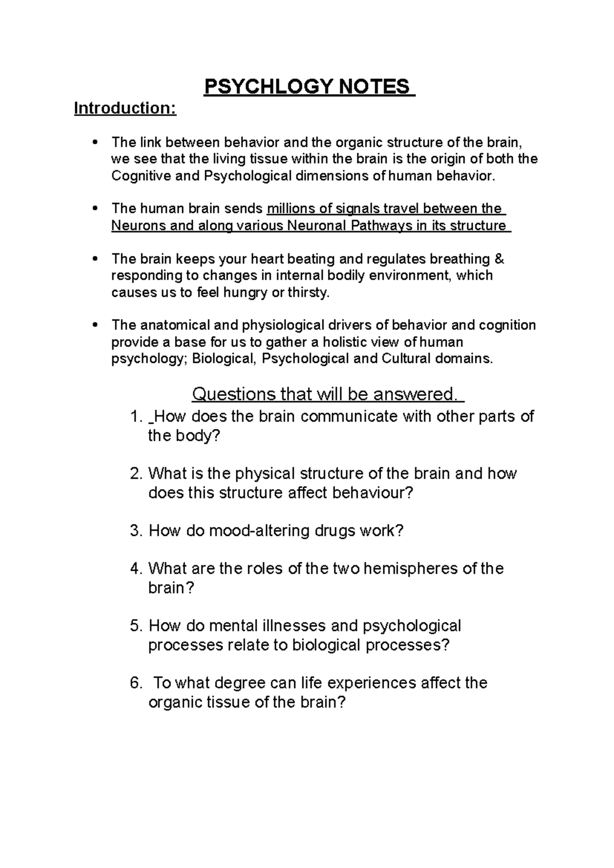 Psychlogy Notes - PSYCHLOGY NOTES Introduction: The link between ...