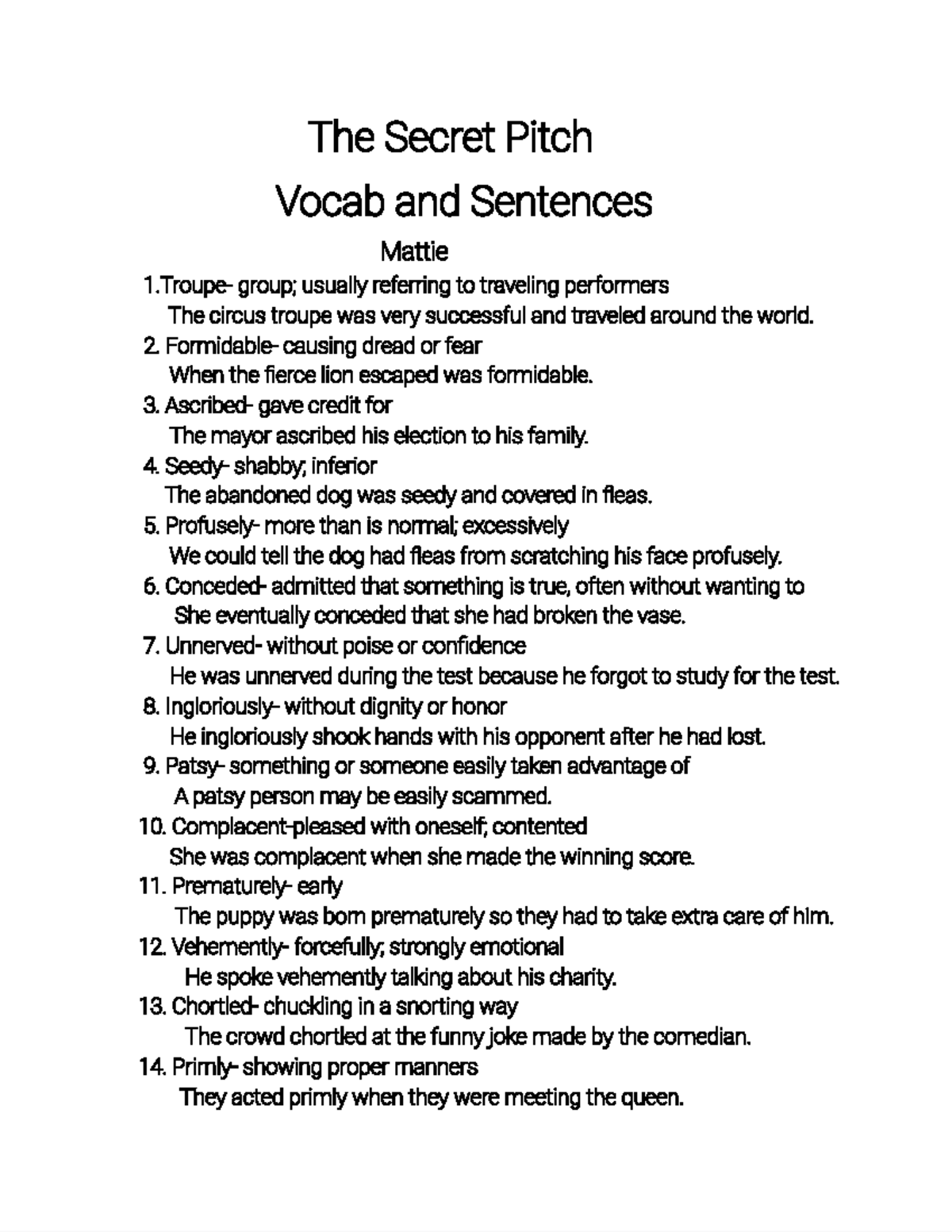 The Secret Pitch - The Secret Pitch Vocab and Sentences Mattie 1- group ...