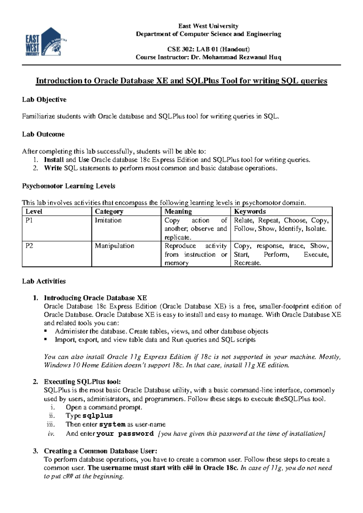 CSE302 Lab01 - A document - East West University Department of Computer Science and Engineering ...