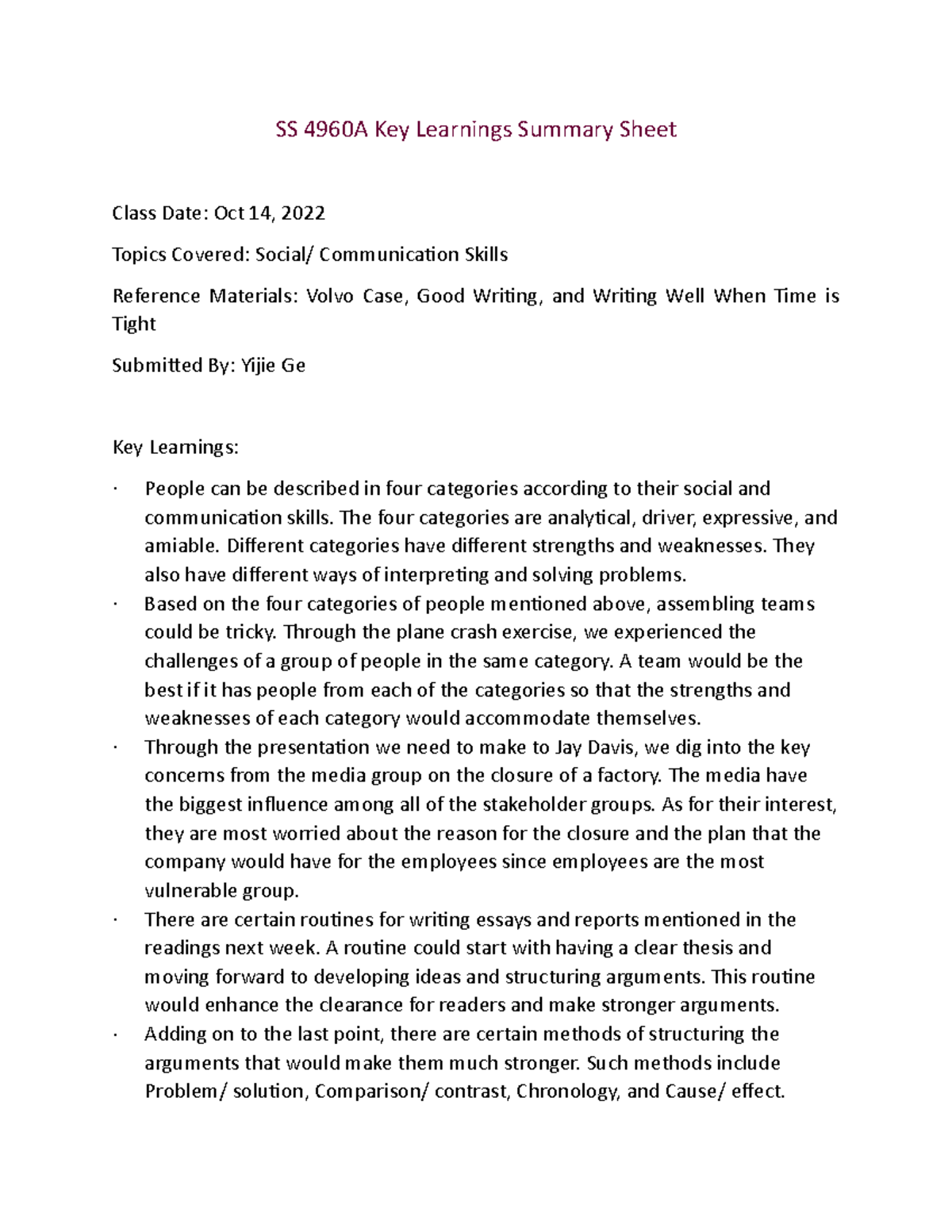 SS4960F Key Learnings 1014 - SS 4960A Key Learnings Summary Sheet Class ...