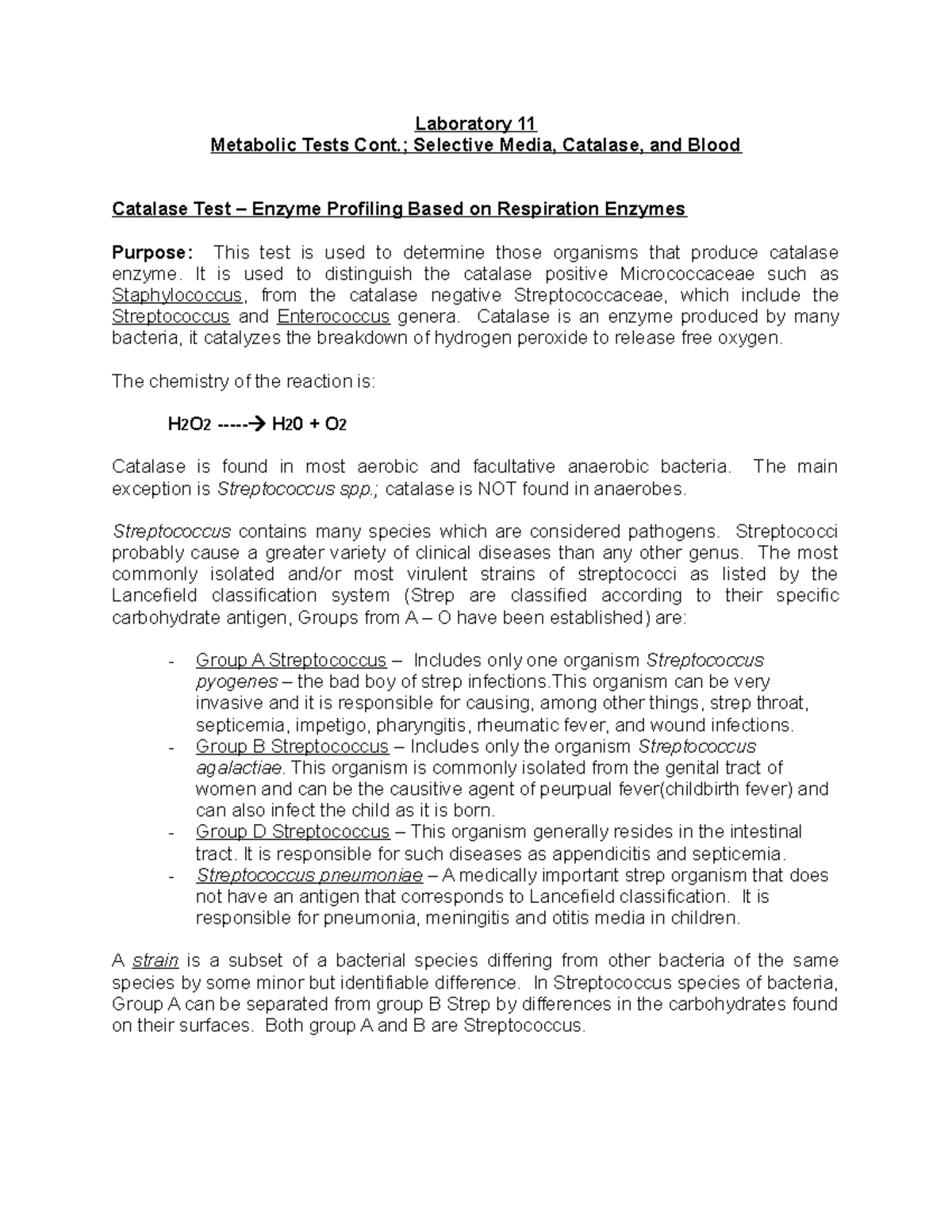 Lab 11 - Laboratory 11 Metabolic Tests Cont.; Selective Media, Catalase ...