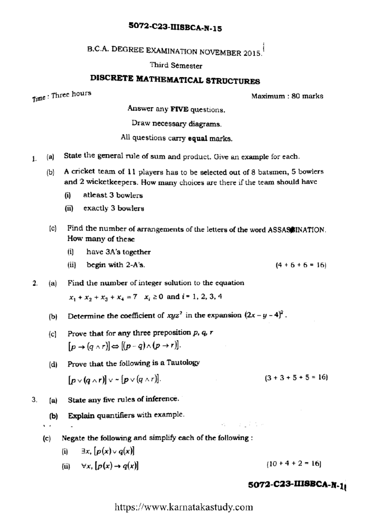 Bca 3 sem discrete mathematical structures 5072 nov 2015 - B.C. DEGREE EXAMINATION NOVEMBER 2015 ...