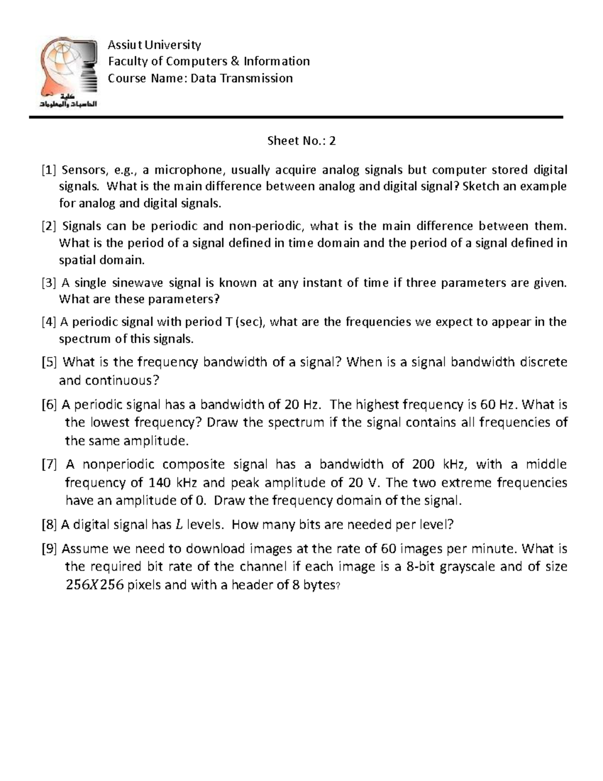 Data TR Sheet 2 - some exercises for data transmission - Assiut ...