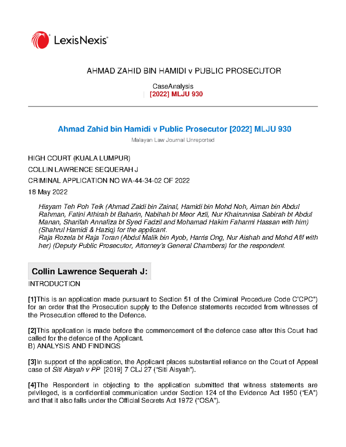 Ahmad Zahid bin Hamidi v Public Prosecutor [2022] MLJU 930 - Raja ...
