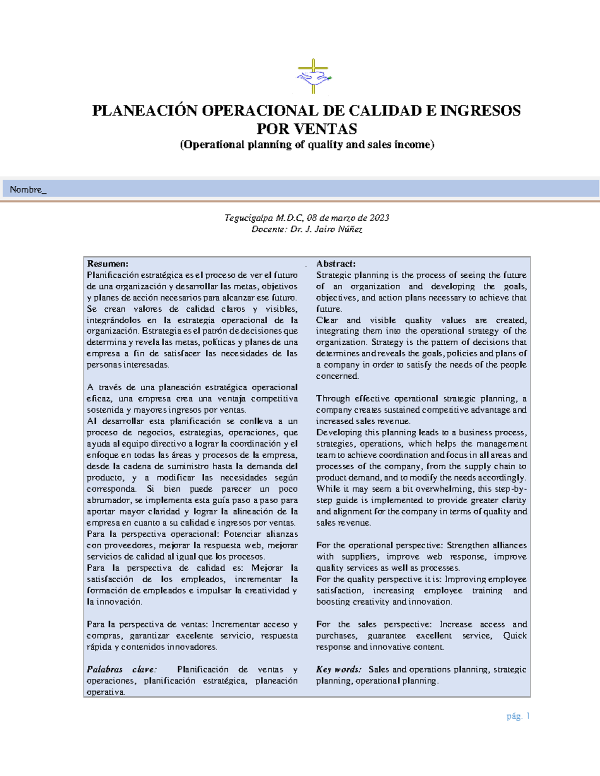 Planeación Operacional DE Calidad E Ingresos POR Ventas(ll P ...