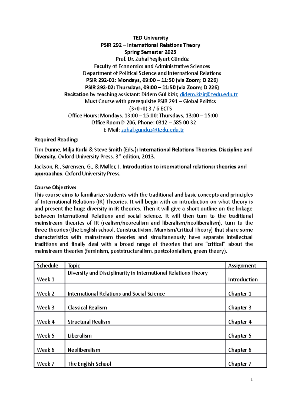 PSIR 292 Spring 2023 Syllabus - TED University PSIR 292 – International ...
