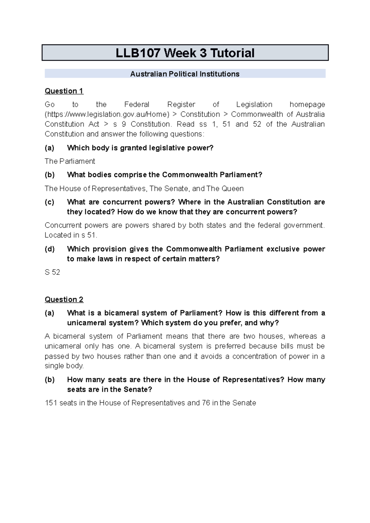 LLB107 Week 3 Tutorial 2 Australian Political Institutions(2) - LLB107 Week 3 Tutorial ...