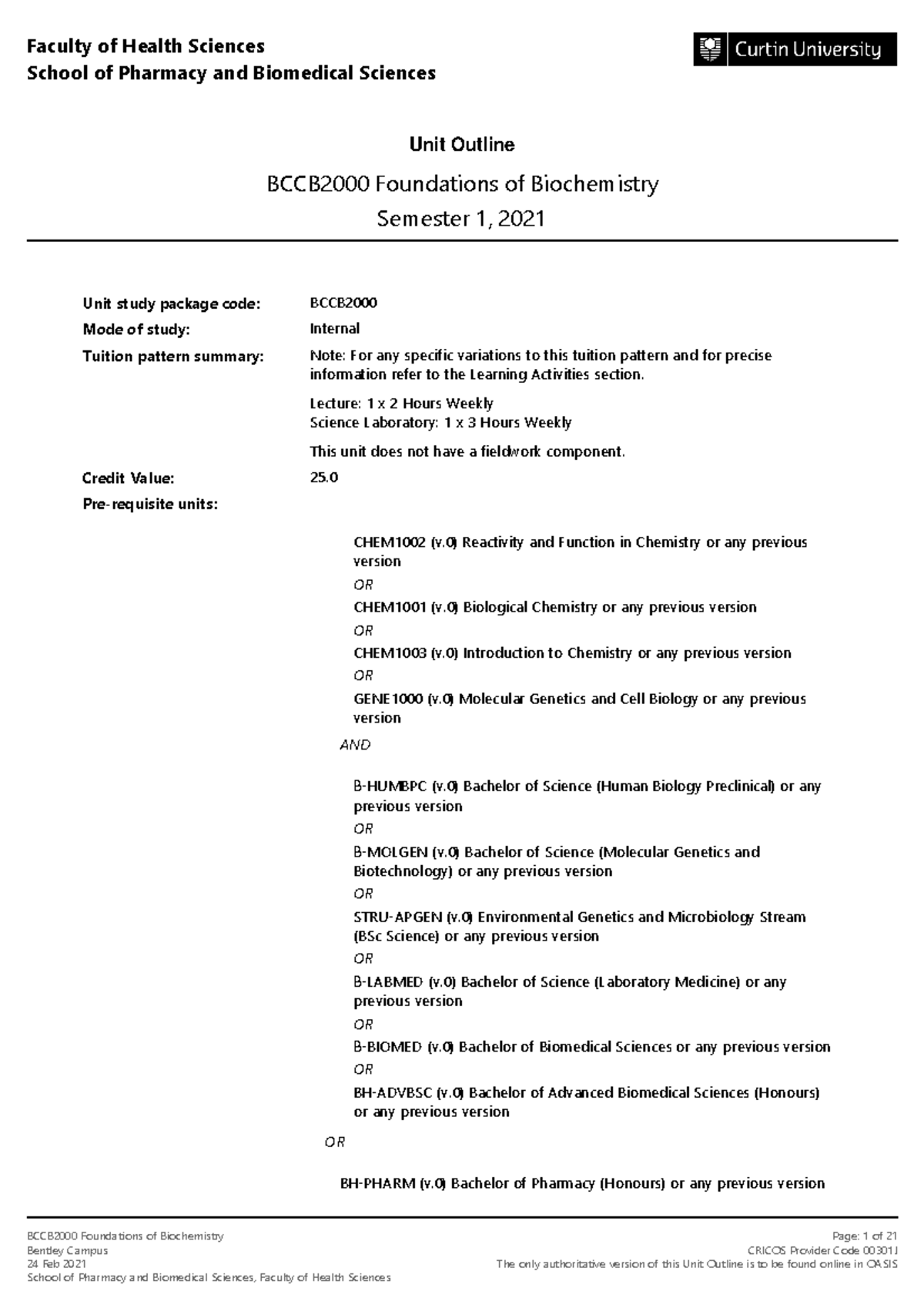 BCCB2000 Foundations of Biochemistry Semester 1 2021 Bentley Campus INT ...