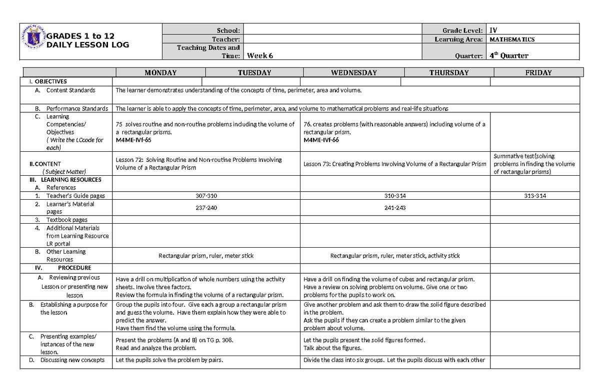 Grade 4 DLL MATH 4 Q4 Week 6 - GRADES 1 to 12 DAILY LESSON LOG School ...