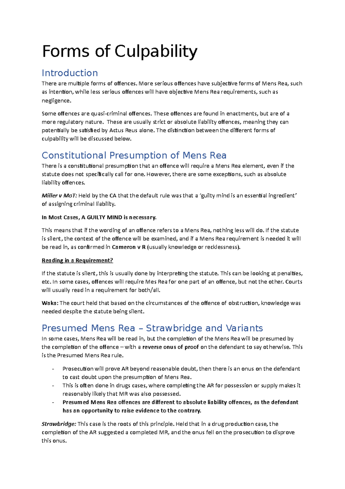 SUM UP - Forms OF Culpability - Forms of Culpability Introduction There ...