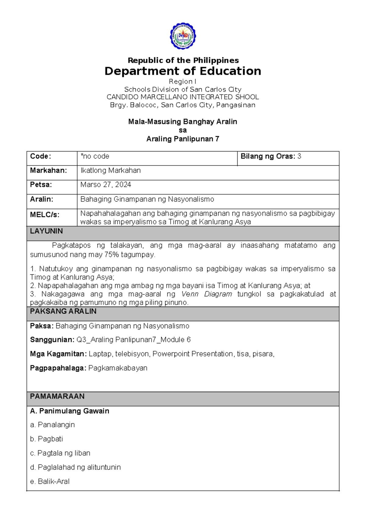 GRADE 7 LESSON PLAN - Republic of the Philippines Department of ...