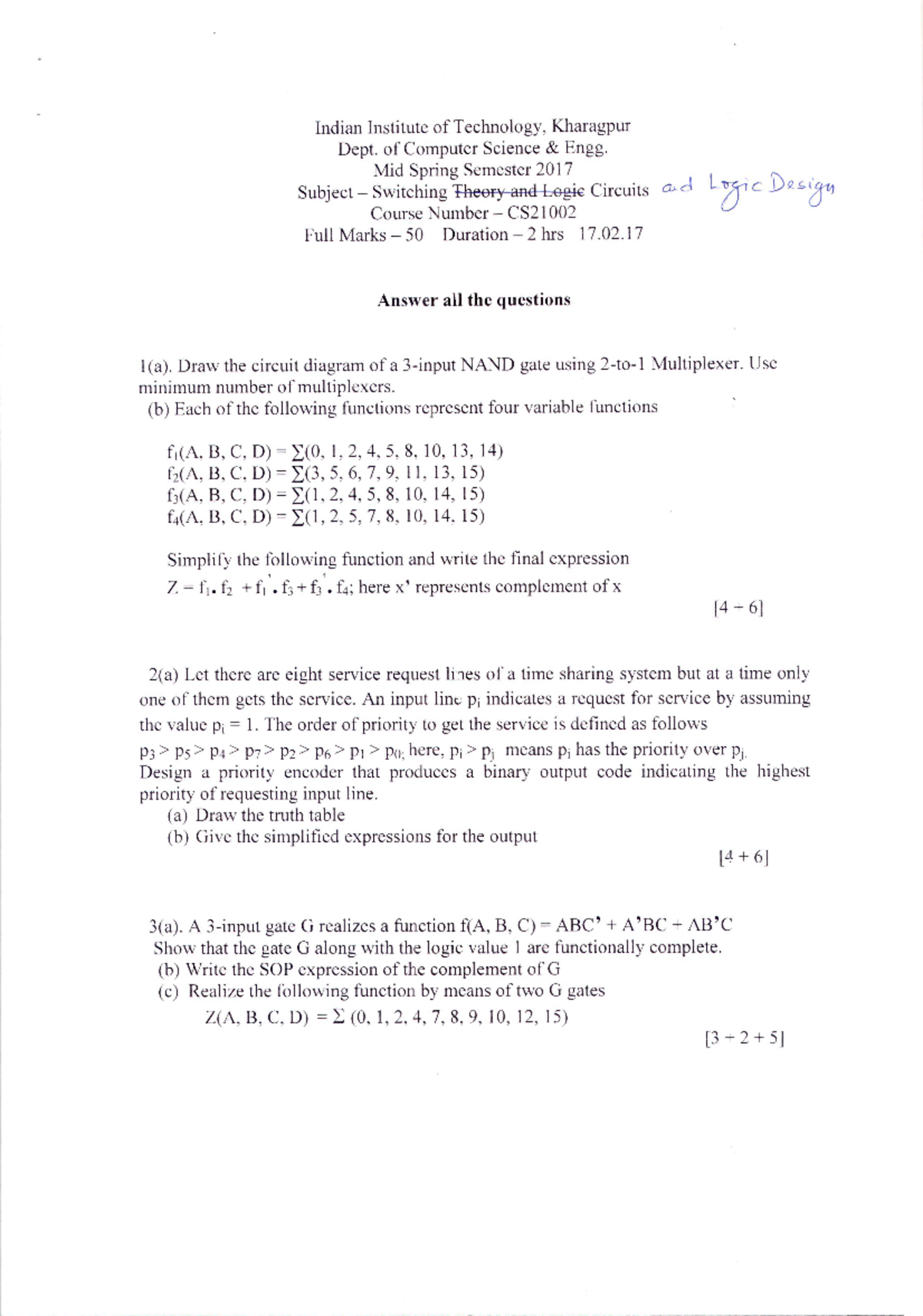 CS21002 Switching Circuits and Logic Design MS 2017 - Computer Science Engineering - Studocu