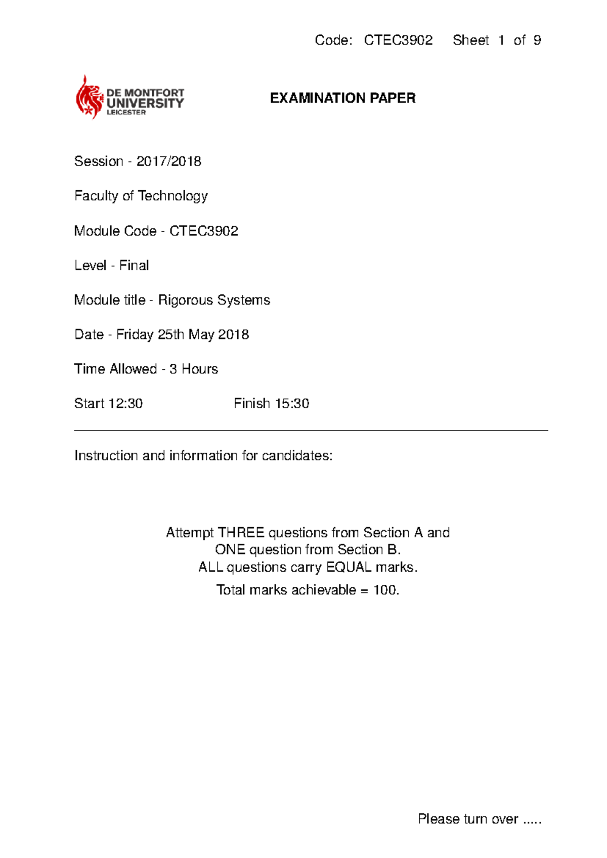 CTEC3902 2018 Exam - EXAMINATION PAPER Session - 2017/ Faculty of ...