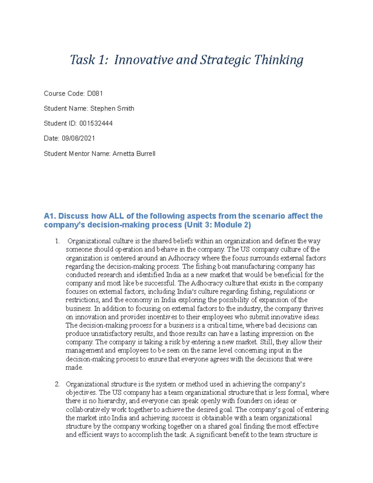 Task One Template - Task 1 - Task 1: Innovative and Strategic Thinking ...